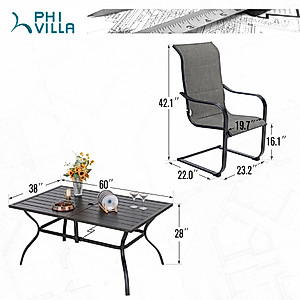 PHI VILLA 7 Piece Outdoor Patio Dining Set, 60"x38" Rectangle Dining Table(1.57" Umbrella Hole) & 6 High Back Rocking Chairs with Padded, Outdoor Furniturte Set for Patio, Yard, Deck