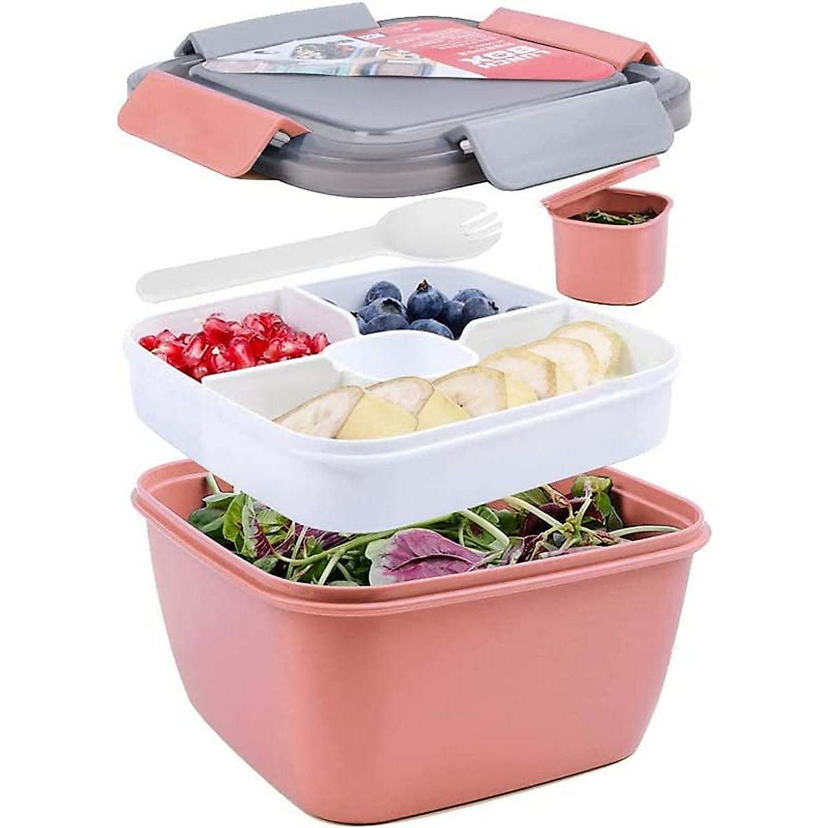 shopwithgreen 52 OZ to Go Salad Container Lunch Container, BPA-Free, 3-Compartment for Salad Toppings and Snacks, Salad Bowl with Dressing Container, Built-in Reusable spoon, Microwave Safe
