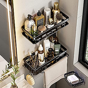 AmtoPm Shower Caddy, 3 Pack Shower Shelves Adhesive with Soap Holder, Rustproof Bathroom Shower Organizer for Inside Shower&Kitchen Storage Shelf Black