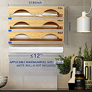 Bamboo Foil and Plastic Wrap Organizer, 3 In 1 Plastic Wrap Foil and Wax Paper Dispenser With Cutter, Aluminum Foil Organization and Storage for Kitchen Drawer, Sturdy & Reusable Fits 12" Roll