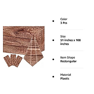 3 Pieces Wood Grain Tablecloth Brown Wood Plastic Table Cover Rectangular Table Decoration for Kitchen Dining Room, Barbecue Thanksgiving Fall Autumn Party