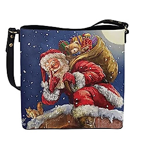 HUGS IDEA Tote Bag for Women Pu Leather Satchel Bags Handbag with Christmas Santa Claus Crossbody Hobo Purse for Outdoor Travel Holiday Vacation