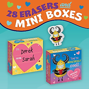 Peaceable Kingdom Valentines Cards for Kids Classroom, Set of 28 Valentines Day Gifts - Monster Erasers
