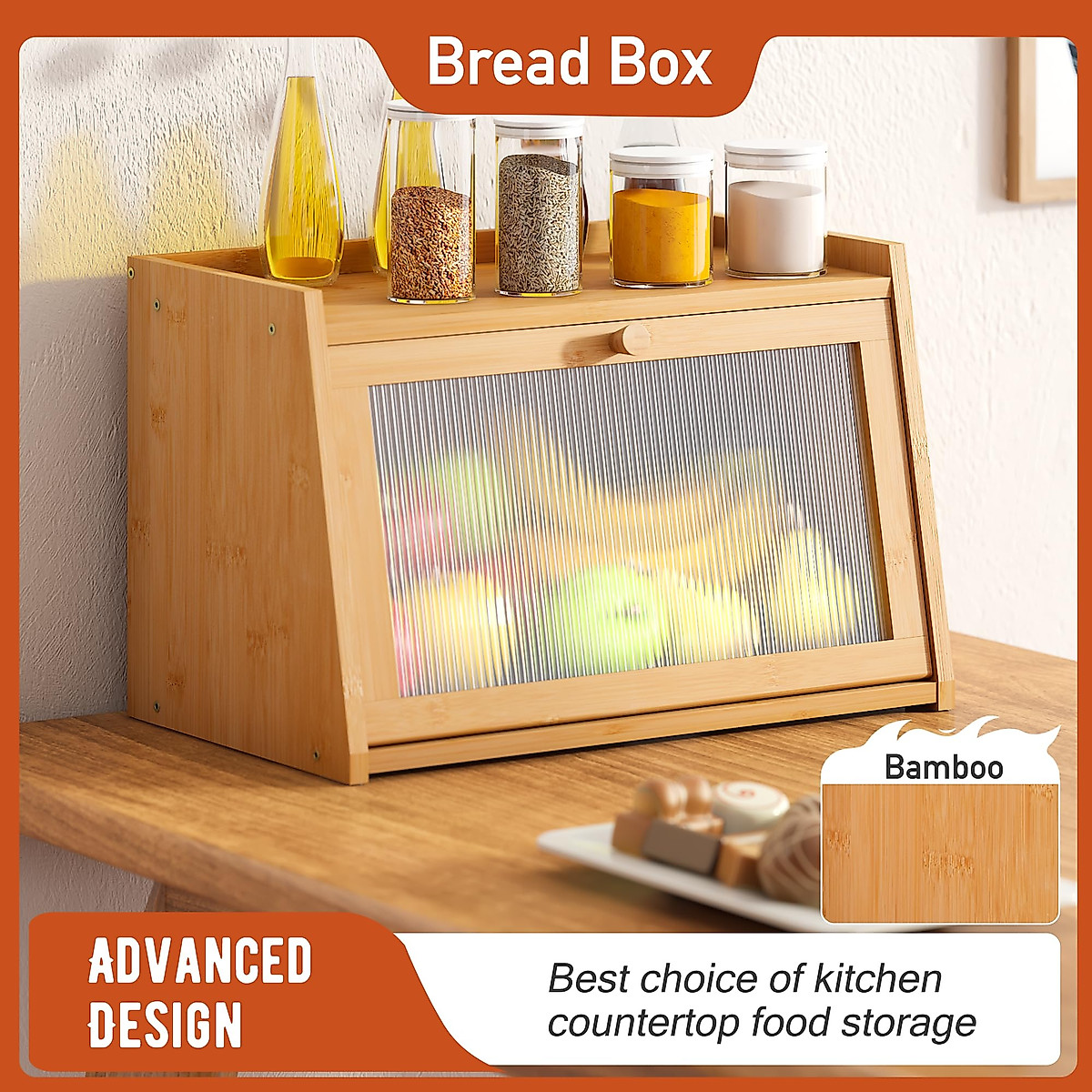 GHWIE Large Bread Box, Easy Access & Cleaning - Bamboo Bread Box for Kitchen Countertop with Acrylic Door,Natural
