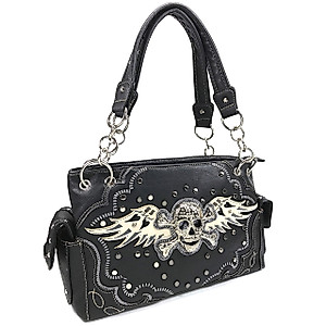 Zelris Skull Crossbones Angel Wings Heart Women Conceal Carry Handbag Wallet Set (Black)