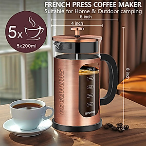 TECOHORS French Press Coffee Maker 34oz / 1 Quart 304 Stainless Steel Coffee Press,with 4 Filters System, Heat Resistant Thickness Borosilicate Glass, Brewed Coffee Pot (Copper)