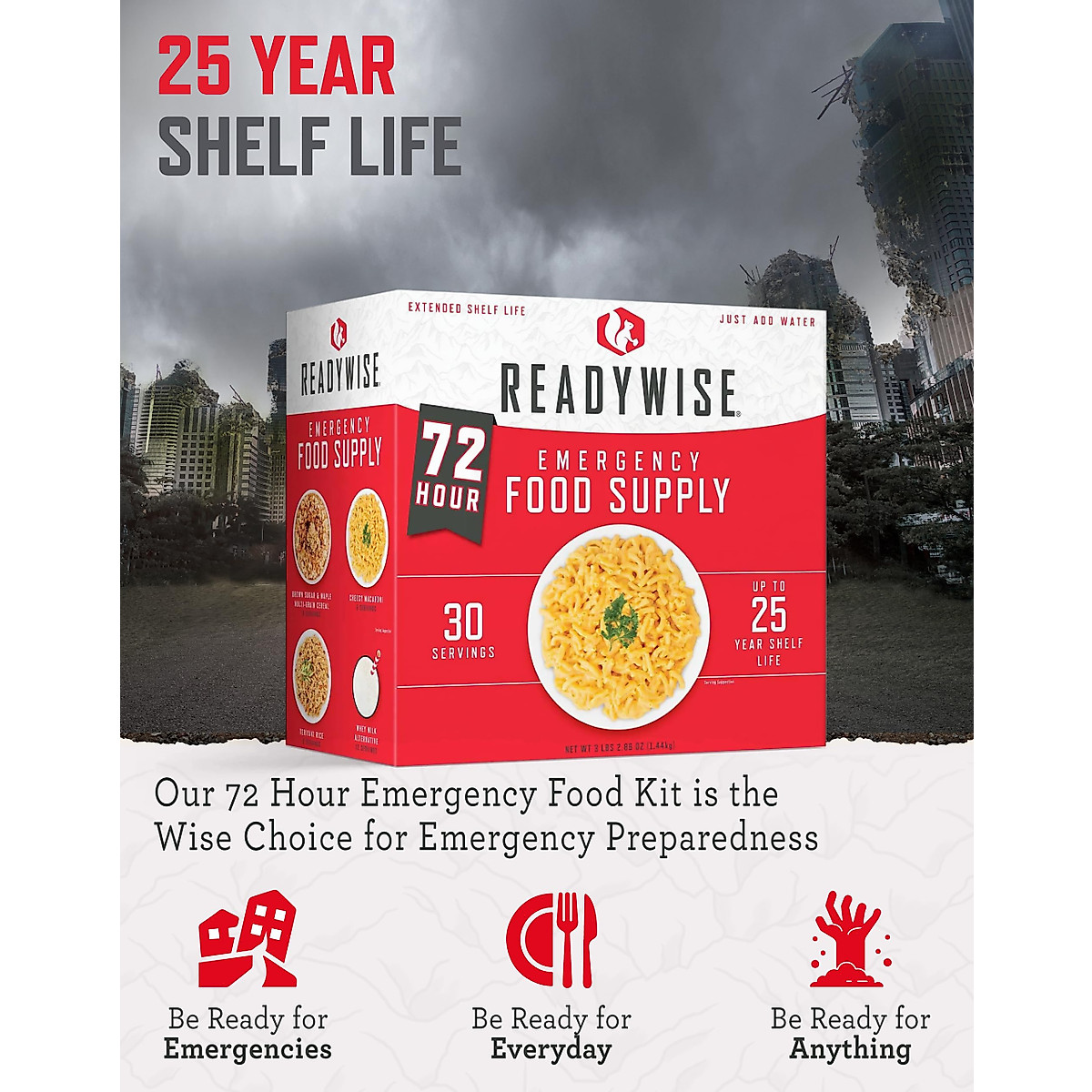 READYWISE - 72 Hours, 30 Servings, Emergency Food Supply, MRE, Pre-made, Freeze-Dried, Survival Food, Meal Essentials for, Camping, Hiking, and, Emergencies, Individually Packaged, 25-Year Shelf Life