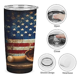 Baseball Glove America Flag (2) 20 OZ Stainless Steel Tumbler Travel Car Coffee Mug with Straw Lid Cleaning Brush Coffee Tumbler Mug for Women Men