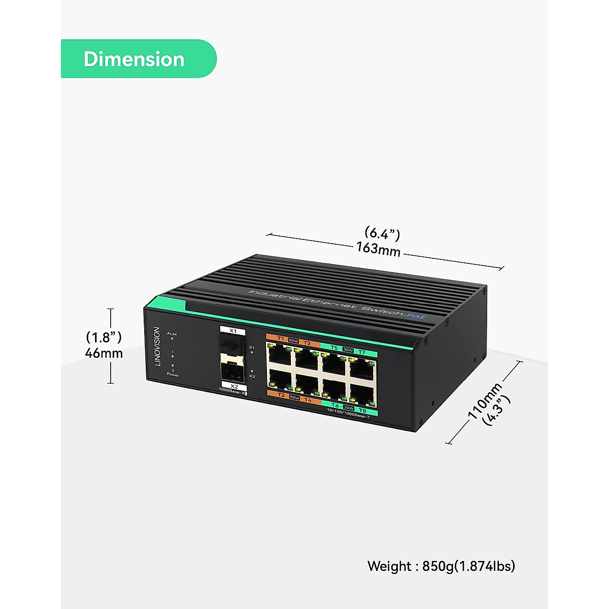 LINOVISION Industrial 8-Port Full Gigabit Managed POE Switch with 2 SFP Uplinks, L2 Management, RS485 Serial Port, 4 BT 90W PoE Ports, Total PoE Budget 360W, Q-PoE and P-PoE Without Interruption