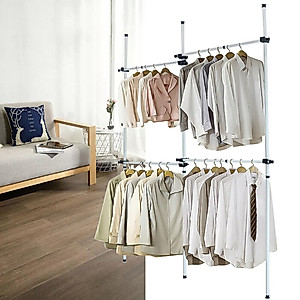 TOOL1SHOoo 2 Tiers Clothes Pipe Rack Garment Hanger Rail Storage Shilf Organizer Modern Simple Pipe Hanging Rods Clothing Rack Storage Cloth Hanging Shelf