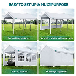 ADVANCE OUTDOOR Adjustable 10x20 ft Heavy Duty Carport Car Canopy Garage Shelter Party Wedding Boat Tent with Removable Window Sidewalls and Doors, Adjustable Height from 9.5ft to 11ft, White
