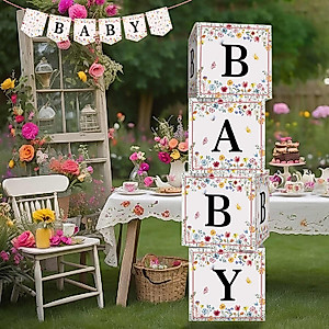 Heboland Wildflower Baby Shower Decorations Baby Boxes with Letters, 4 Pcs Baby in Bloom Thickend Cardstock Blocks Baby Banner, Box Clear Stickers for Girls Party Decor
