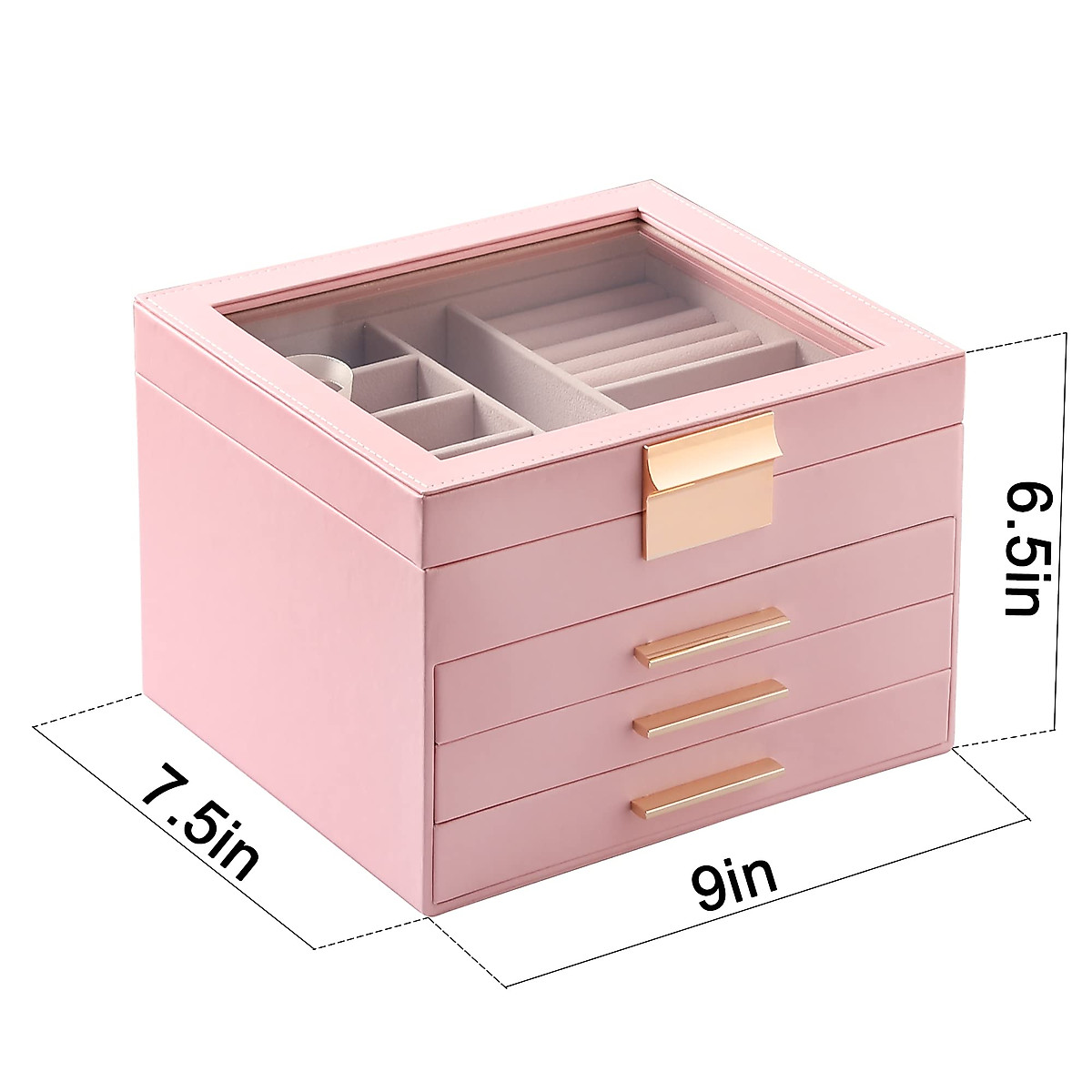 Frebeauty Clear Lid Jewelry Box,4 Layers Jewelry Organizer Large Multi-Functional Jewelry Storage Box with 3 Drawers,Jewelry Display Case of Rings Earrings Necklace Bracelets for Women Girls(Pink)