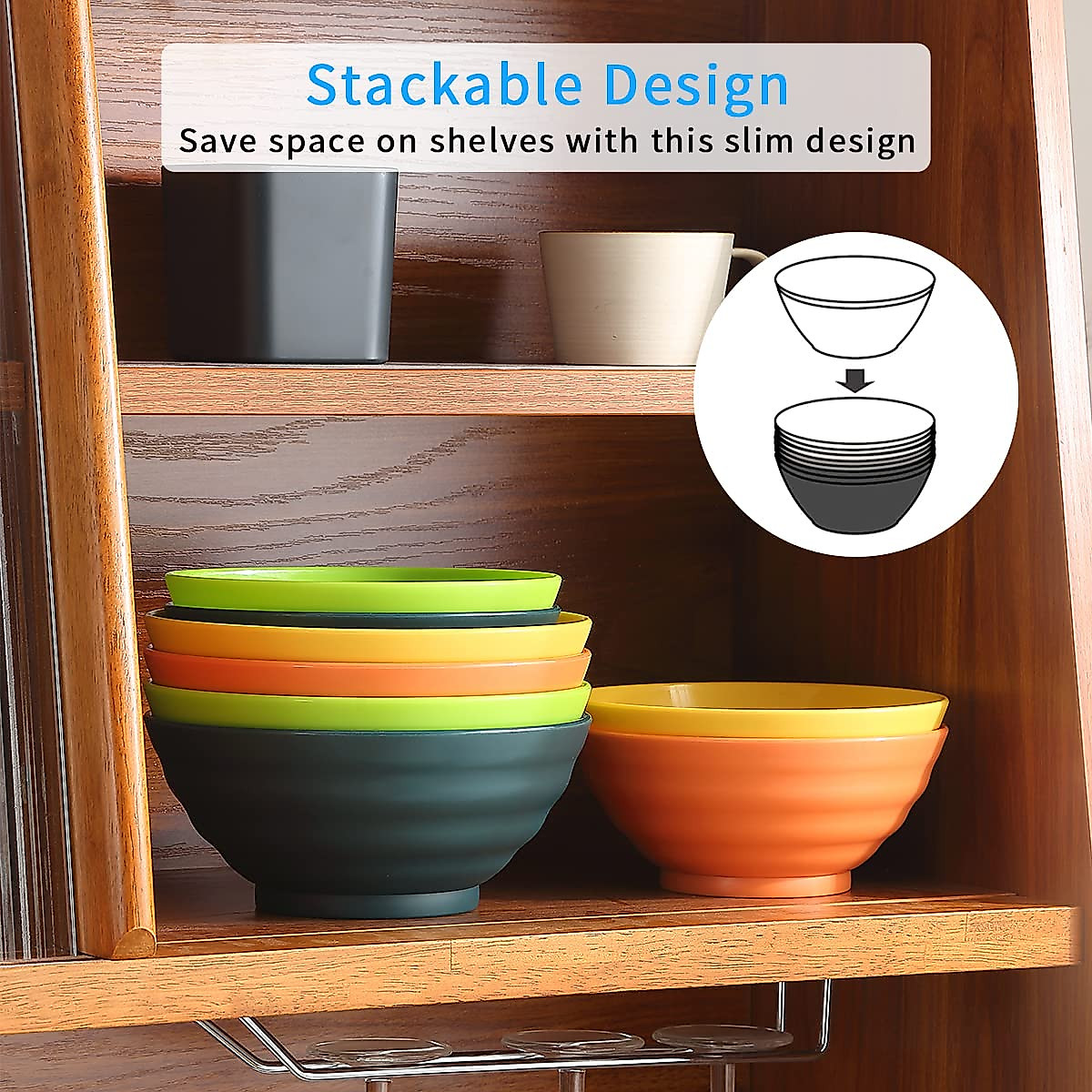 Evanda Plastic Bowls Set of 8 Pieces, 2 Sizes 17/34oz Unbreakable Reusable Light Weight Bowl for Cereal, Noodle, Soup, Pasta, Ramen, Popcorn, Fruit, Salad and All Purpose