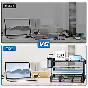 DALTACK 4-Trays Desktop File Organizer with Pen Holder，Letter Tray Paper Organizer with Drawer and Pen Holders, Black Mesh Office Supplies File Holder，Desk Organizer for Office School Home
