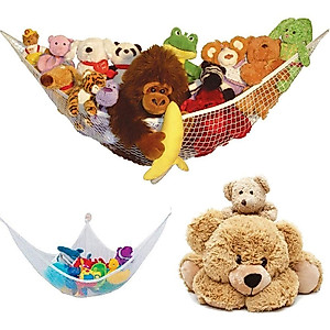 Stuffed Animal Toys Hammock Hanging Stuff Animals Storage Organizer with Decorative Tassels Corner Large Capability Plush Toys Net Holder for Nursery Playroom Kid's Room Bedroom L
