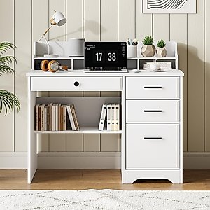 4 EVER WINNER Computer Desk with Drawers, 44 Inch Farmhouse Home Office Desk with Monitor Stand and File Drawer, Wood Study Writing Table for Small Spaces, Small Desk for Bedroom, White