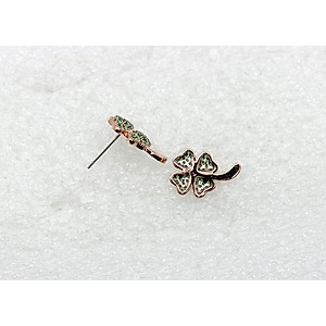 Faship Green Cubic Zirconia CZ Crystal Shamrock Clover 4 Leaf Stud Earrings - Green/Rose Gold Plated