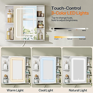HOOBRO Bathroom Medicine Cabinet with Mirror, Wall-Mounted Cabinet with Storage, Lighted Medicine Cabinet with LED Lights, Charging Station, Adjustable Shelf, 5 Open Shelves, White