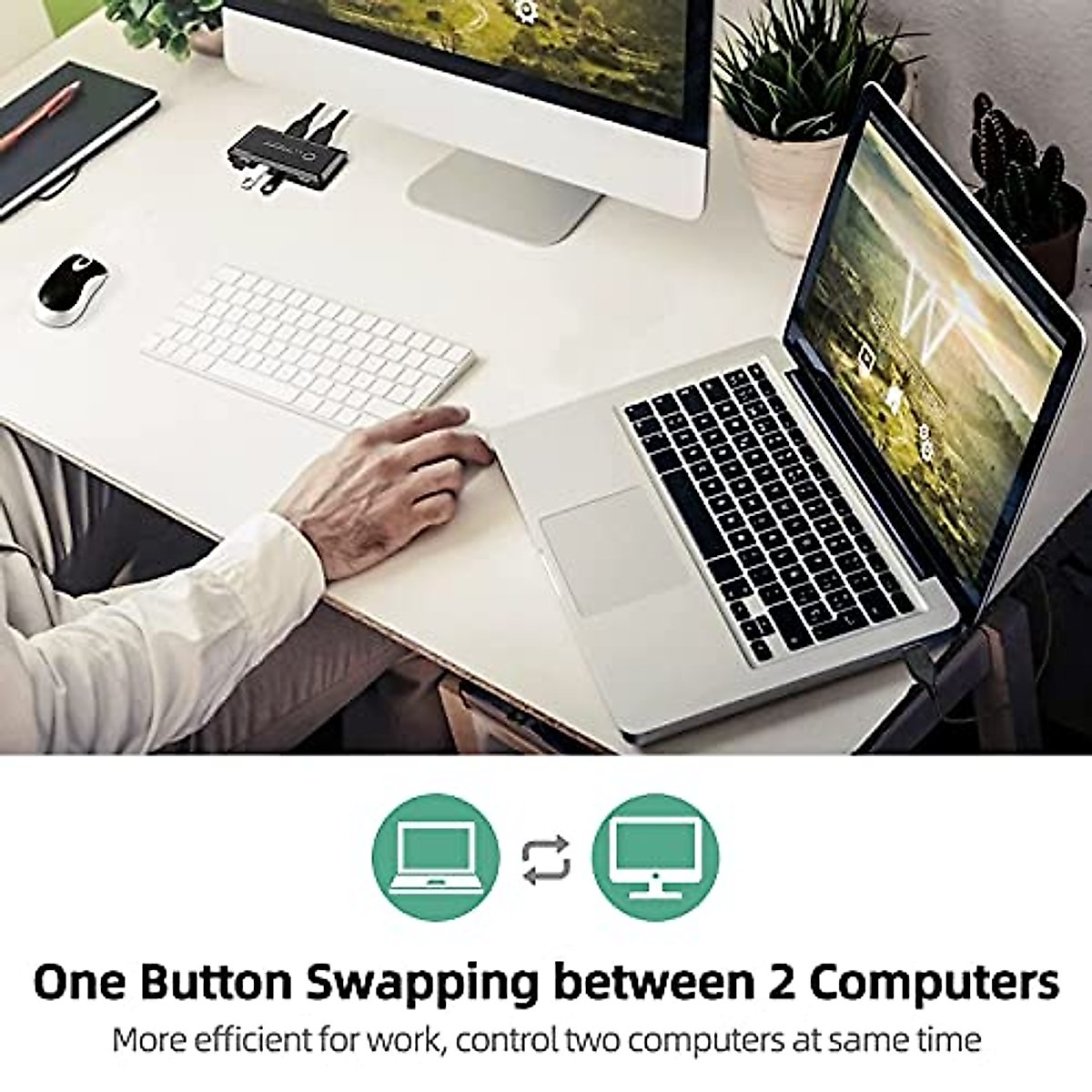 USB Switch Selector KVM Switch 2 Computers Sharing 4 USB Devices USB 2.0 Peripheral Switcher Box Hub for Mouse Keyboard Scanner Printer PCs with One-Button Swapping and 2 Pack USB A to A Cable