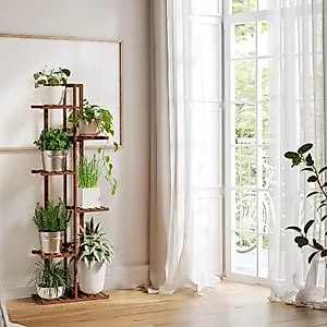ROSSNY Plant Stand Indoor, 6 Tier 7 Potted Bamboo Plant Stands for Indoor Plants, Corner Plant Stand, Tiered Plant Stands, Plant Shelf For Indoor, Planter Holder for Multiple Plants Indoor Tall, Brown