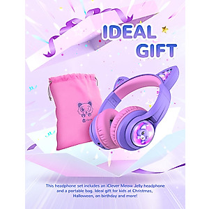iClever Kids Bluetooth Headphones, Cat Ear Wireless Headphones LED Lights Up, 74/85/94dBA Volume Limited, 45H Playtime, Kids Headphones with Portable Bag for Travel iPad Tablets, Meow Jelly-Purple