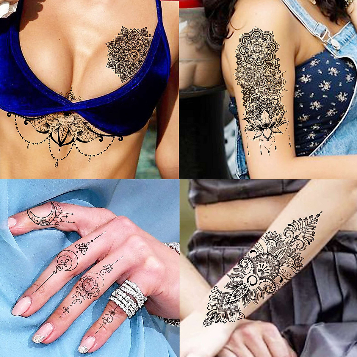 COKTAK 6 Pieces/Lot Unique Black Henna Temporary Tattoo Stickers For Adults Women Girls Feather Mandala Flower Body Art Large Big Arm Tattoos Sheet Lace Indian Mehndi Sexy Wedding Tatoos OWL