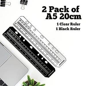 PERFORMORE 2 Pack of Snap-in 8” Bookmark Rulers, Black and Clear Plastic Page Marker Divider Pagefinder Measuring Today Ruler for A5 Size Binder Notebook Planner with Up to 7-Hole Ring Configuration
