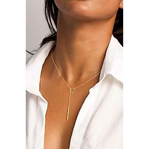Picuzzy Lariat Gold Necklace for Women, Dainty 14k Gold Plated Y Necklace for Women Trendy Layered Circle Bar Chain Pendant Necklaces Simple Gold Jewelry for Women Gift
