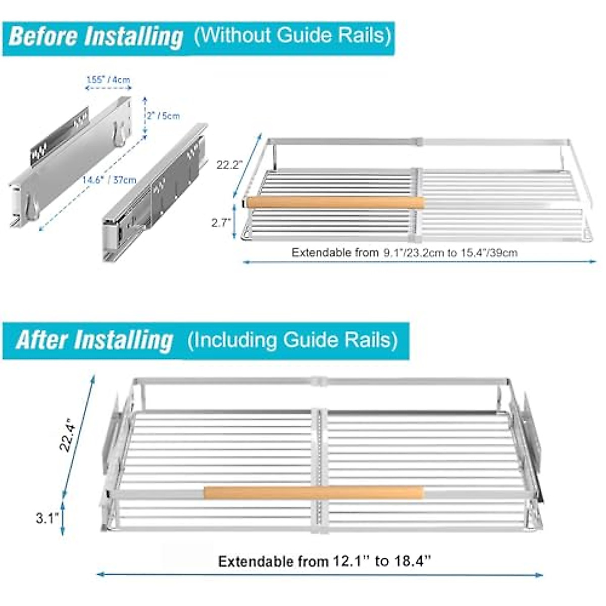 iPEGTOP 2 Pack Pull Out Cabinet Drawer Shelf Organizer, Extendable Sliding Slide Out Pantry Shelves Storage Heavy Duty for Kitchen Cabinets Under Sink, Adjustable Width 12.1~18.4" W x 22.5" D