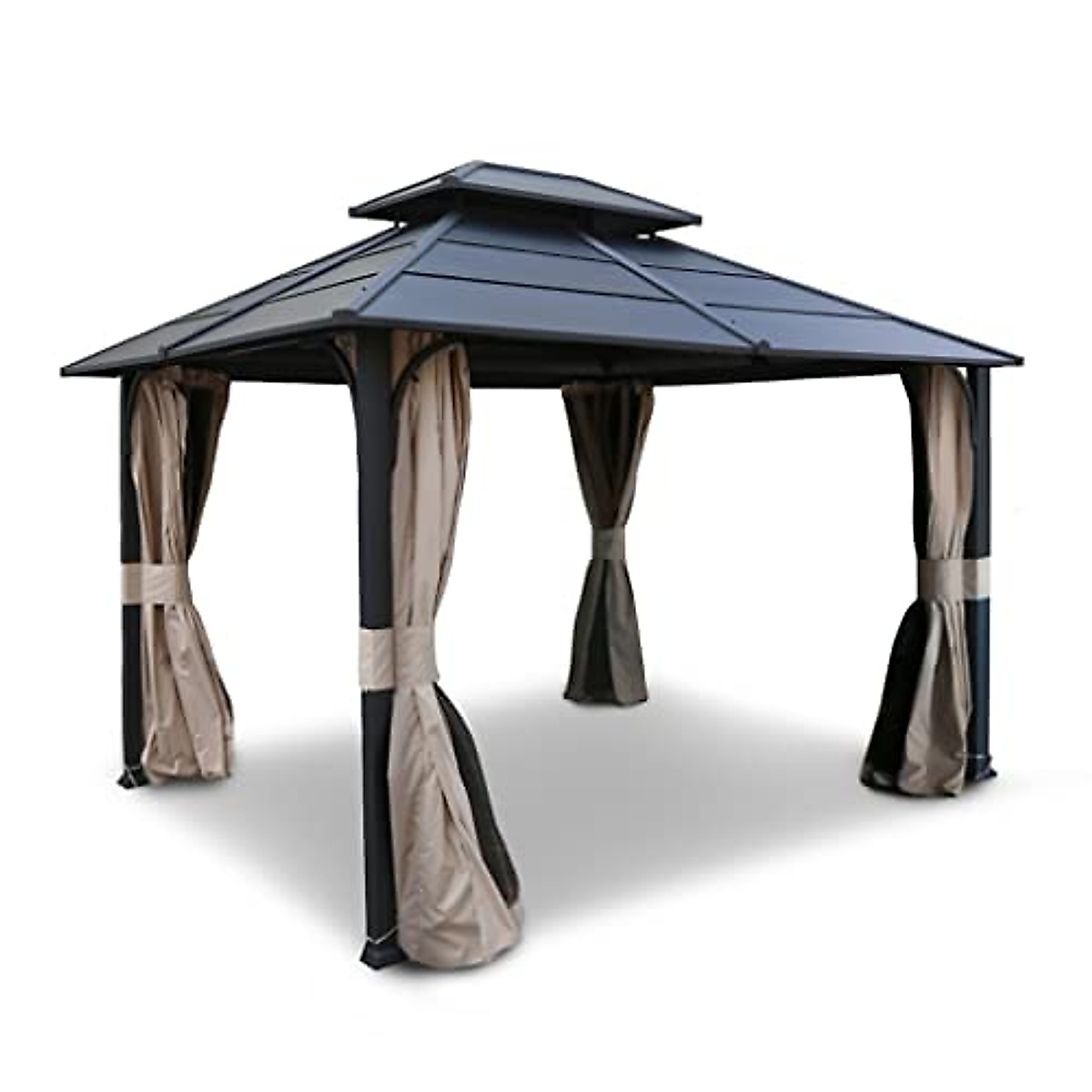 ADUH 12 Ft. W X 14 Ft. D Metal Black 2-Tier Double Roof Patio Gazebo with Curtains and Netting (Color : D, Size : 12 Ft. W X 14 Ft)