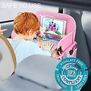 MENZOKE Black & Pink Kids Travel Tray Bundle, Toddler Tray with Dry Erase Board Car Lap Desk Table with iPad Holder, Storage Pocket, Kids Active Eating Tray for Road Trip, Airplane