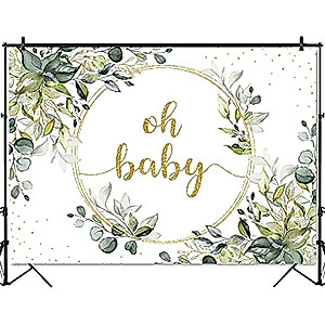 Mocsicka Greenery Baby Shower Backdrop Gold Oh Baby Background Green Eucalyptus Baby Shower Party Cake Table Decoration Banner Photo Booth Props (8x6ft)