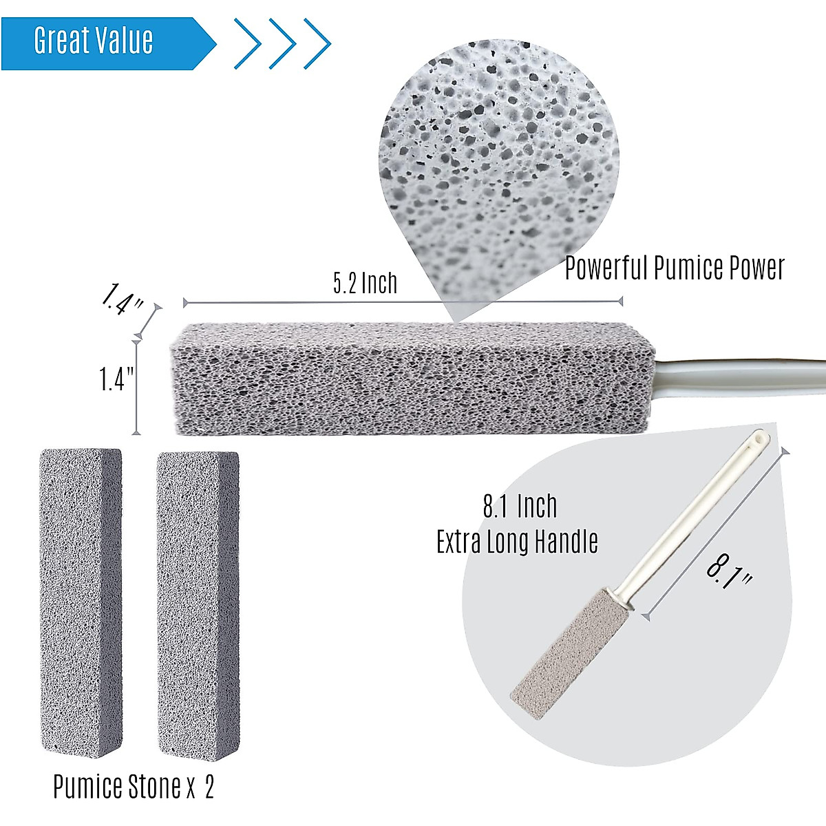 Pumice Stone for Cleaning,1 Extra Long Handle Pumice Stone Toilet Bowl Cleaner & 2 Pieces Pumice Stones, for Bath/Pool/Kitchen/Household Cleaning,3 Pack