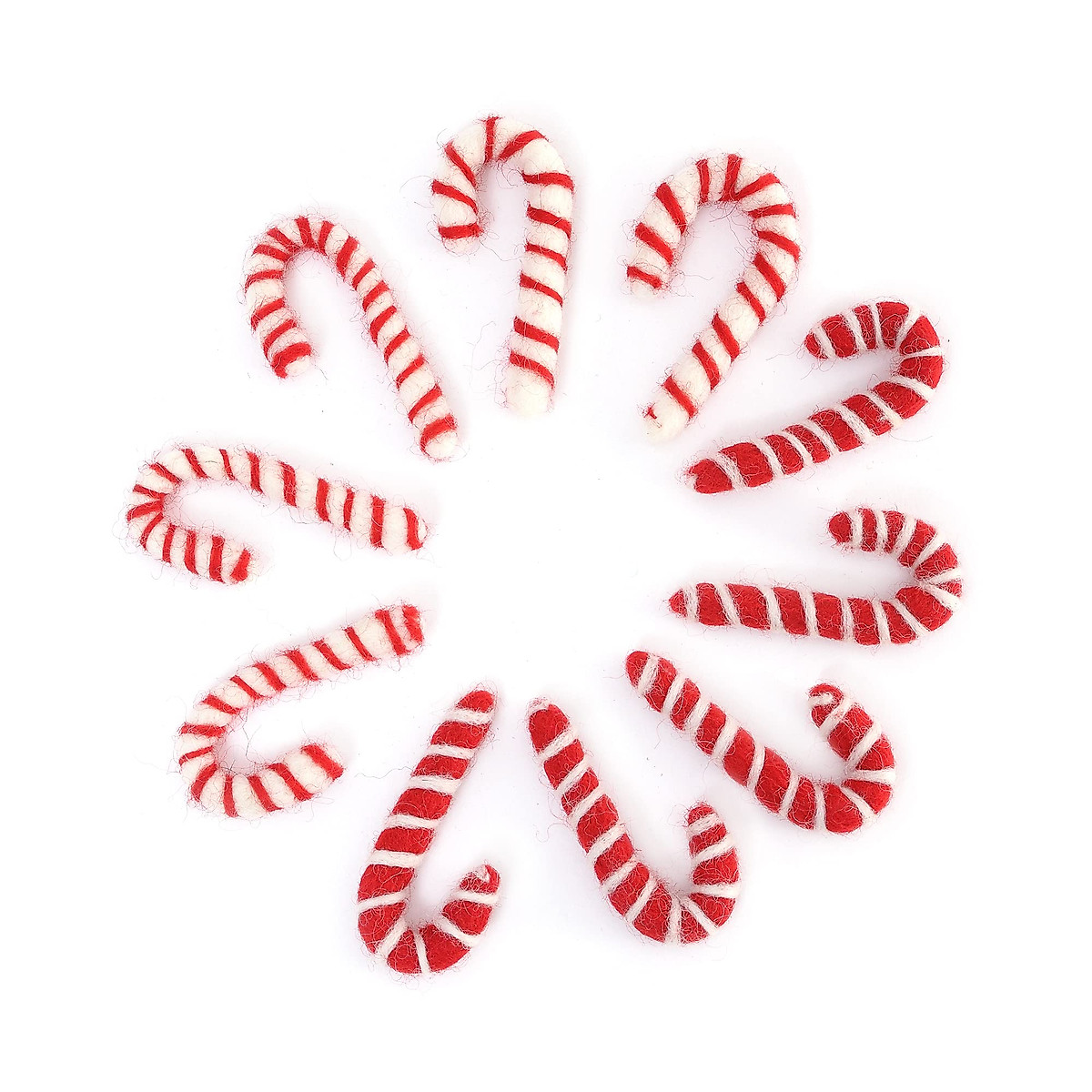 Glaciart One Felt Candy Cane Decoration (Red/White)- DIY Garland, Arts Crafts Supplies, Cute Home Decor for Christmas - Baby Mobile Ornaments - Hand-Felted Natural Wool Material - Set of 10
