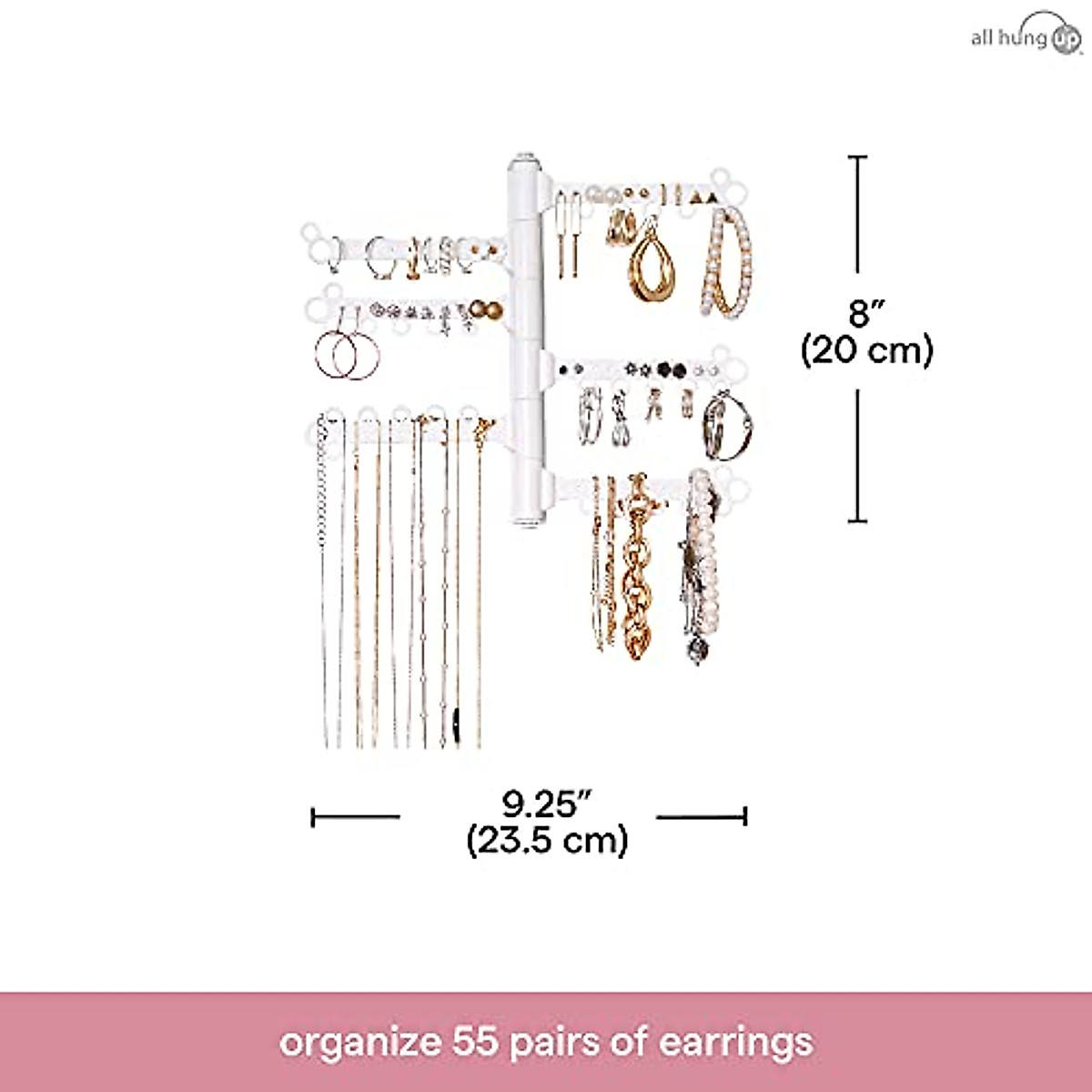 All Hung Up 6-Tier 8" Wall Jewelry Organizer : Command Strips included for easy hanging : 60 Earring Organizer Holes : Necklace Organizer : Bracelet Holder : Ring Holder : Rotating Branches (White)