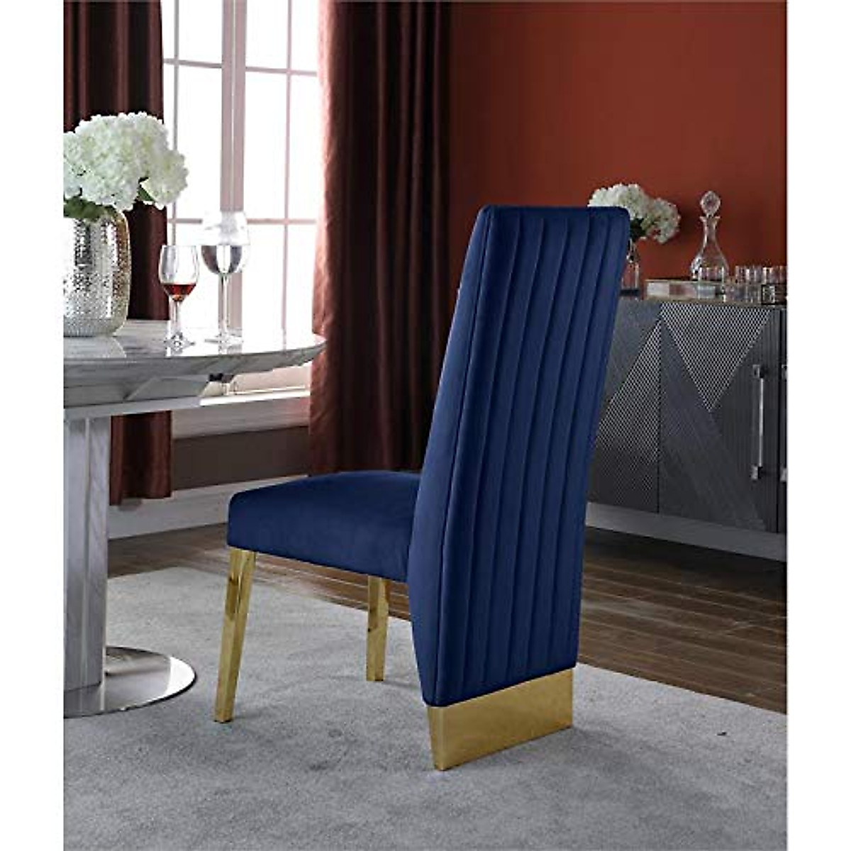 Meridian Furniture Porsha Collection Modern | Contemporary Dining Chair with Deep Channel Tufted Back and Sturdy Metal Legs, Set of 2, 19.5" W x 27" D x 42" H, Navy Velvet Upholstered