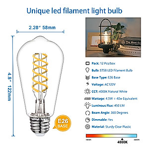 MYEMITTING Dimmable ST58 LED Edison Bulbs, 4.5W Equivalent to 40W Vintage Light Bulbs, E26 Base 4000K ST58/ST19 LED Bulbs, Antique Flexible Spiral LED Filament Light Bulbs - Clear Plastic 12Pack