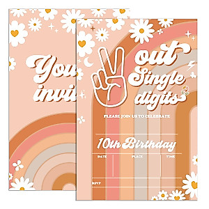 UDNADKEX 10th Birthday Invitations Girl Groovy with Envelopes, Invites for Girls Out Single Digits Birthday Party Daisy Rainbow, Hippie Retro Birthday Party Invitations Cards, 4"x6" Set of 20