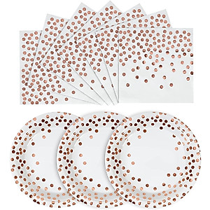 CENLBJ White and Rose Gold Paper Plates and Napkins-50 Pack-25 * 7inch Paper Plates & 25 * 6.5inch Napkins,Party Supplies for Birthdays Receptions and All Occasions