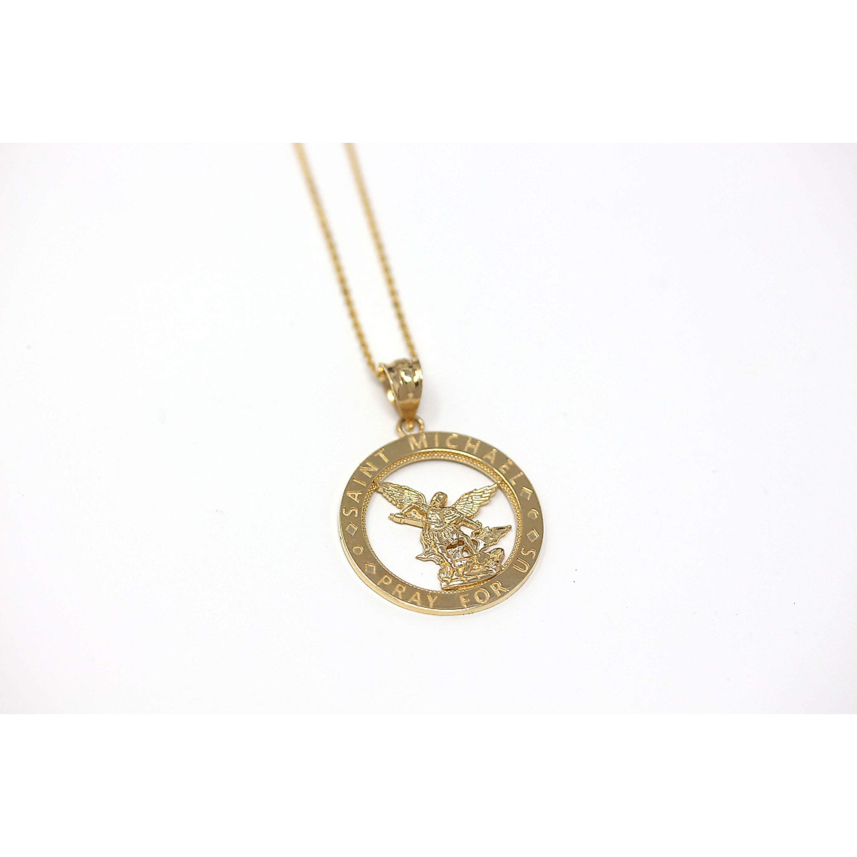 CaliRoseJewelry 14k Saint Michael Pray for Us Round Charm Pendant Necklace in Yellow Gold, 20"