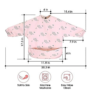 BUBEI Mess proof baby feeding bibs, Waterproof smock bibs, Toddler bibs, Long sleeve baby bib for eating, Baby bibs for baby girl, Baby bibs for eating, Toddler art smock (Pink Elephants)