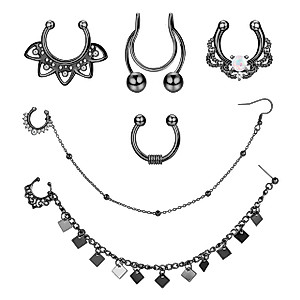 Drperfect Fake Nose ring for Women Men Non Piercing Nose Hoop Ring Chain to Ear Nose Studs Horseshoe Septum Ring Clip On Faux Septum Piercing Jewelry