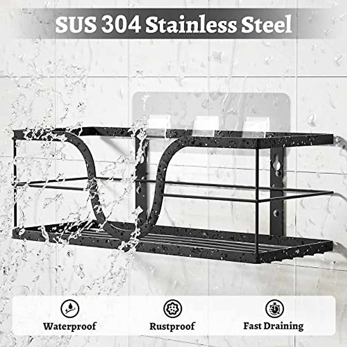 Alsonerbay Shower Caddy, Adhesive Shower Organizer, No Drilling Shower Shelf with Hooks for Bathroom Storage, Rustproof 304 Stainless Steel Shower Rack, 2 pack, Matte Black