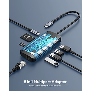 USB C Hub Multiport Adapter, Vilcome 8 in 1 USB C Hub with Gigabit Ethernet, 4K HDMI, 100W PD Charging, USB 3.0 5Gbps Data Ports, SD/TF Card Reader, for MacBook Pro/Air HP Dell Laptop