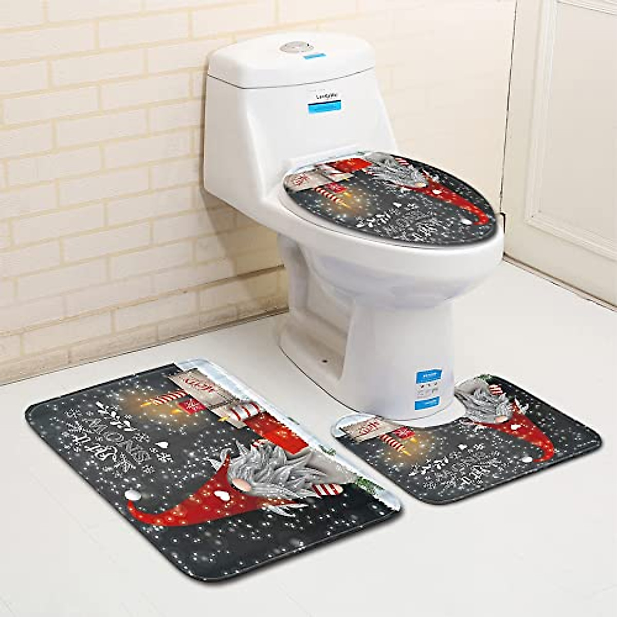 CHERSE Christmas Gnome 3 Piece Bath Rugs Sets Santa Claus Gnome Bathroom Mats Set Non Slip Water Absorbent U-Shaped Contour Toilet Mat Winter Snowy Toilet Lid Cover (Gnome A008)