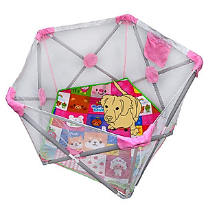 HTTMT- Pentagon Safety Playpen Portable Foldable Mesh Playard Infants Baby Toodler Animals Fence w/Travel Bag Nursery Furniture For Indoor Outdoor - Dark Pink