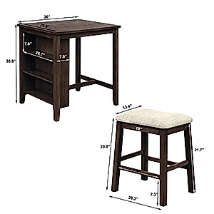 Bellemave 3 Piece Dining Table Set Counter Height Table Chair Set with 1 Table, 2 Padded Stools, Storage Shelf for Kitchen, Dining Room, Brown