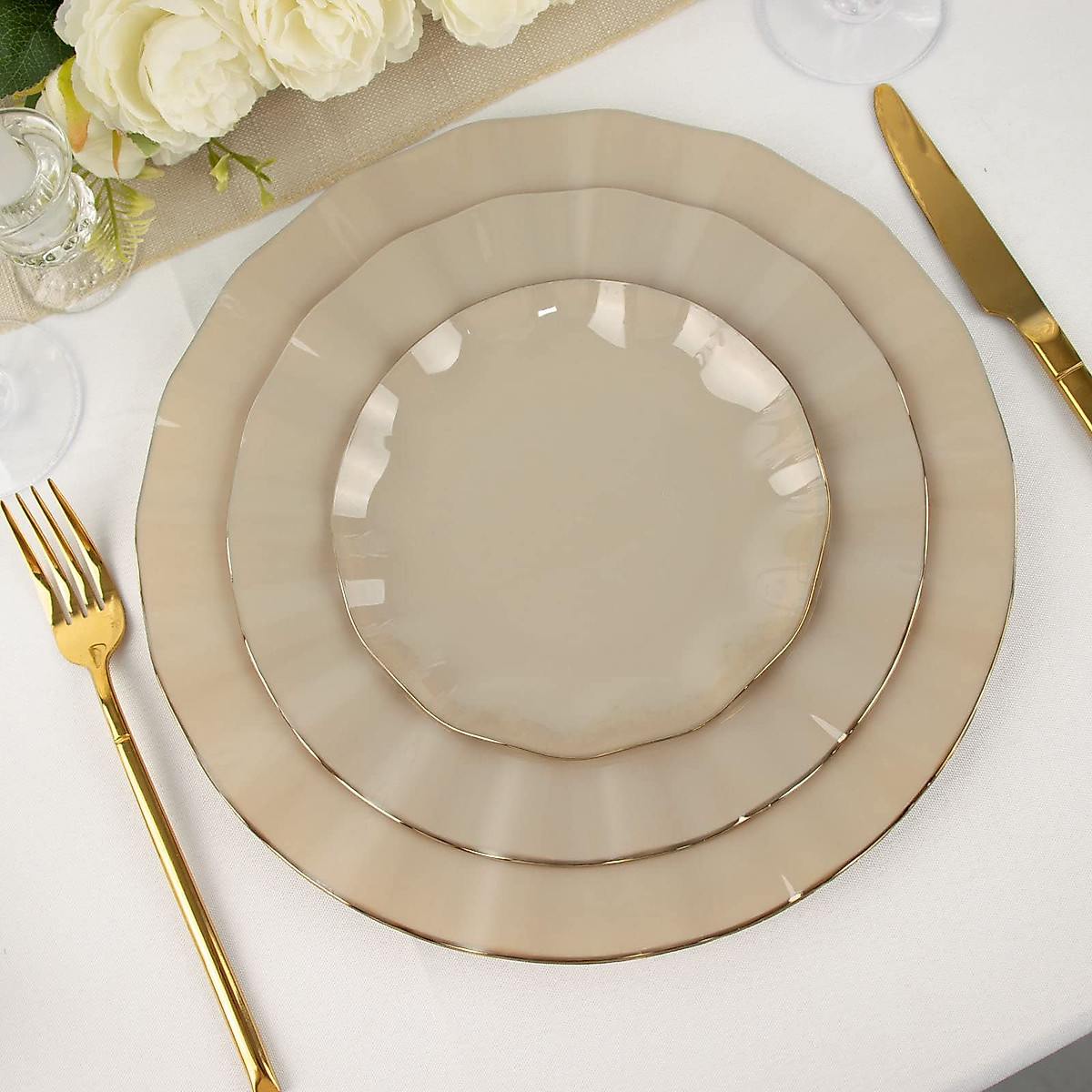 Efavormart 10 Pack | 11" Taupe Large Hard Plastic Dinner Plates With Gold Wavy Rim, Heavy Duty Disposable Dinnerware