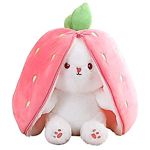 YGSDM Easter Bunny Stuffed Animal, Reversible Bunny Carrot Strawberry Pillow, Cute Squishy Rabbit Sofa Pillow Decoration Doll, Soft Plush Toy for Boys Girls (Strawberry, 7in/18cm)